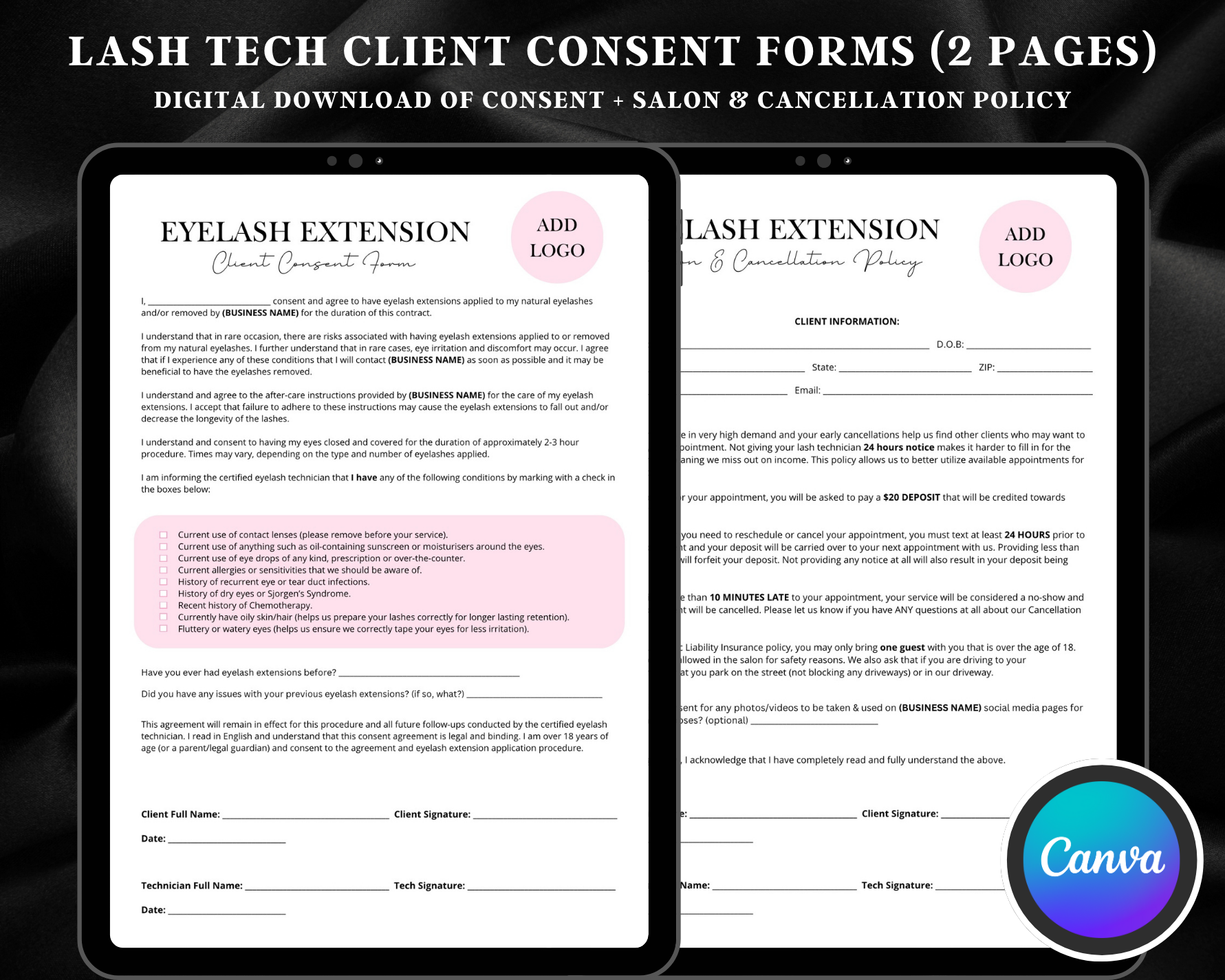 Lash Tech Client Consent Forms (2 Pages) - Canva Template – Lashed By Shez